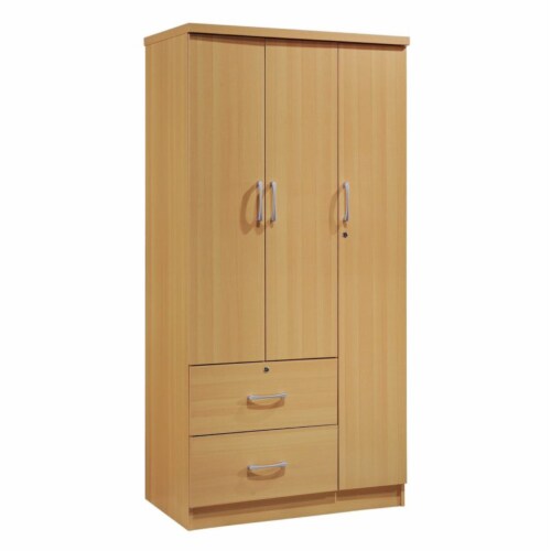 Hodedah Import 3 Door Armoire with Clothing Rod Shelves and 2 Drawers Beech 2 Piece Baker s