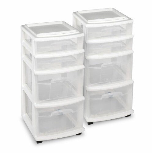 Homz Clear Plastic 4 Drawer Medium Storage Container Tower White Frame