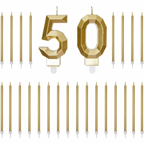 Number 50 Cake Topper With Candles In Holder For 50th Birthday Gold