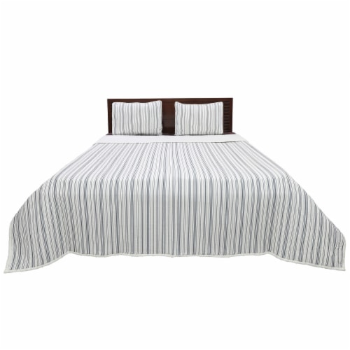 Ticking Stripe Ivory And Blue Cotton King Quilt Set 1 Qfc