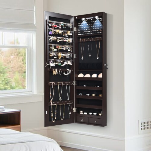 Costway Mirrored Jewelry Cabinet Jewelry Organizer w 2 LED Lights Brown 14 x4 x54.5 LxWxH Kroger