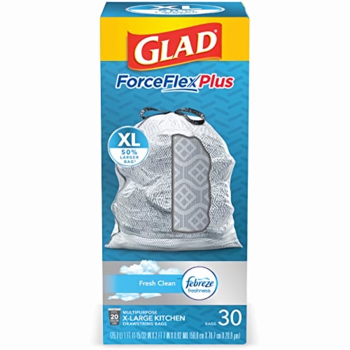 Glad ForceFlex Plus XL 20 Gallon Kitchen Drawstring Trash Bag Fresh Clean Scent Pack of 8 8 pack Foods Co