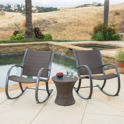 Leann Outdoor 3pc Dark Brown Wicker Rocking Chair Chat Set Hourglass Table 3pcs Pay Less Super Markets