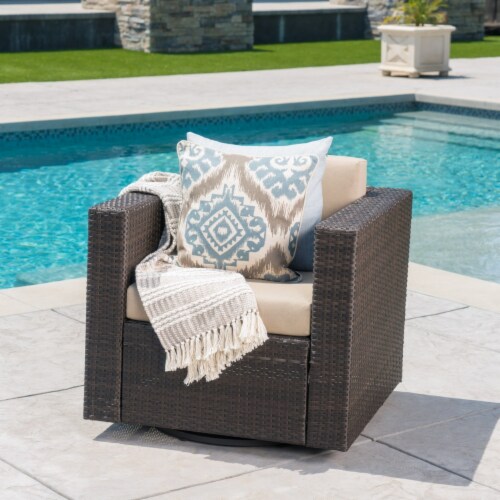 Venice Outdoor Wicker Swivel Club Chair with Water Resistant Cushions dark brown beige set of Set of 2 Fry s Food Stores