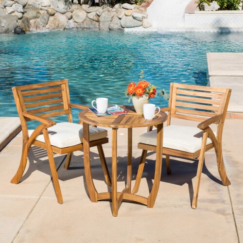 Isabel Outdoor 2 Seater Acacia Wood Bistro Set Teak Finish Cream 2 seater Harris Teeter