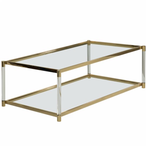 Acrylic Rectangular Modern Gold Metal Coffee Table With Tempered Glass And Shelf For Office 1