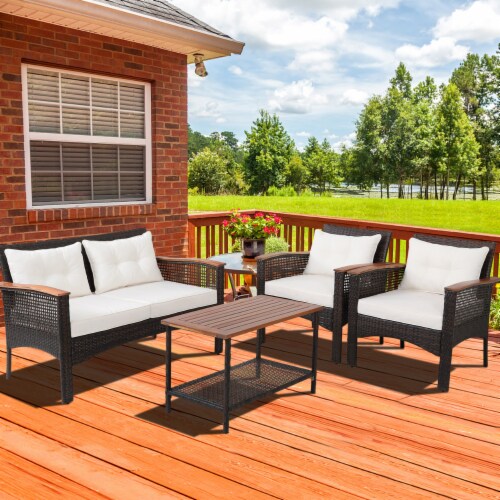 Gymax 4pcs Rattan Patio Furniture Set Acacia Wood Outdoor Conversation