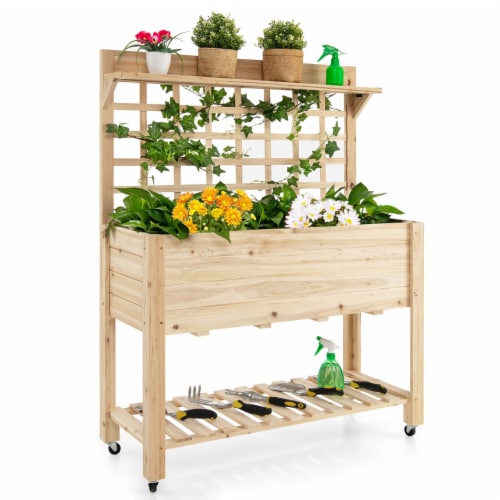 Gymax Raised Garden Bed Mobile Elevated Wooden Planter Box W Wheels
