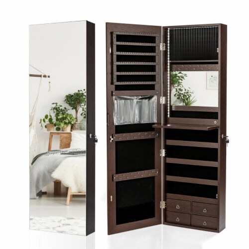 Mirror Jewelry Cabinet 96 LED Lights Wall Door Mounted Armoire w Makeup Rack Brown 1 unit Harris Teeter