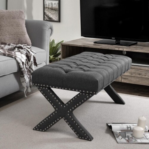 Posh Living Kennedy Linen Button Tufted Silver Nailhead Trim X Leg
