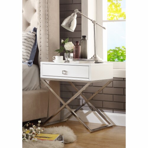 Modern Square Lacquer Finish Chrome X Metal Leg Side Table Accent Table Nightstand White 1 Mariano s