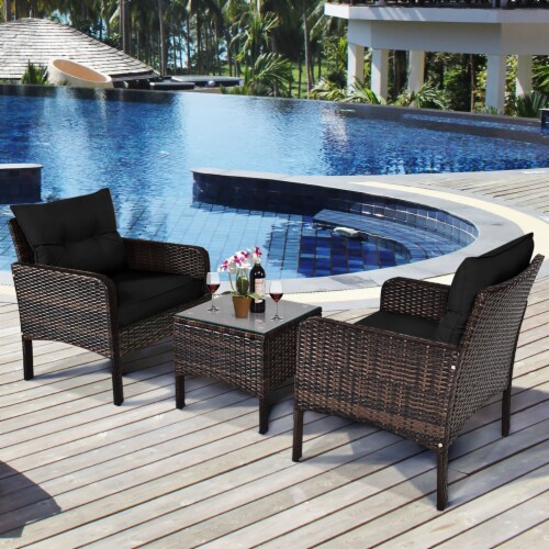 Costway 3PCS Outdoor Rattan Conversation Set Patio Garden Cushioned Sofa Chair Navy 1 unit Harris Teeter