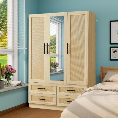 Rattan Wardrobe Closet Armoire With 3 Doors 4 Drawers Mirror Tall Storage 47In 1 unit Mariano s