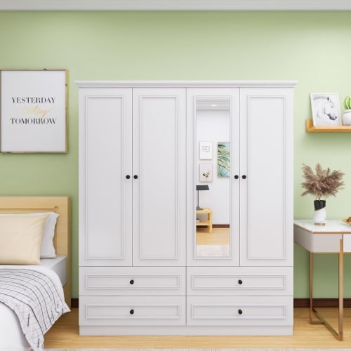 White Armoire Wardrobe Closet 4 Doors 2 Hanging Rods 4 Drawers Bedroom Storage 1 unit King Soopers