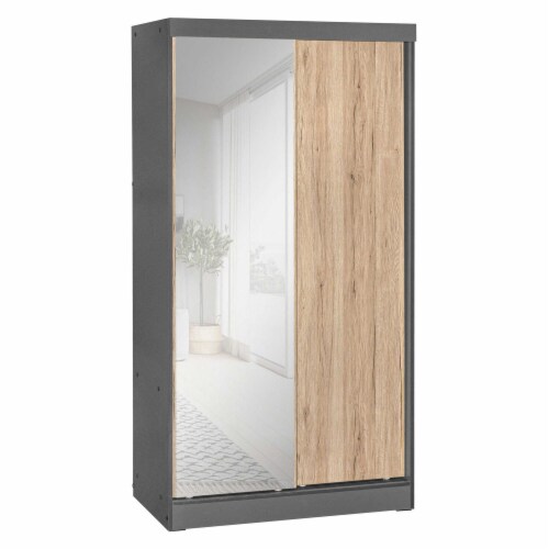 Better Home Products Mirror Wood Double Sliding Door Wardrobe Natural Oak Gray 1 Foods Co