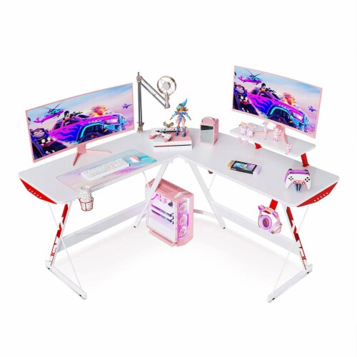 L shaped desk with raised monitor shelf store