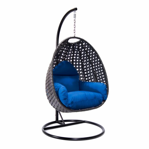 LeisureMod Charcoal Wicker Hanging Single Egg Swing Chair With Cushions in Blue 77 H x 41 W x 41 D Pick n Save