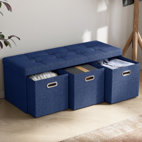 Foldable Tufted Linen Long Bench Storage Ottoman with 3 Drawers 40 L x 15 W x 15 H Gerbes Super Markets