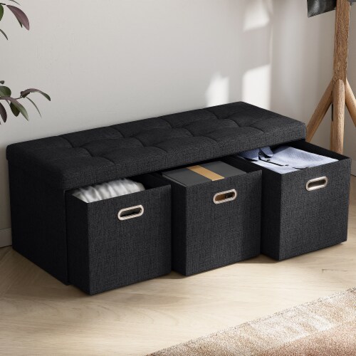 Foldable Tufted Linen Long Bench Storage Ottoman with 3 Drawers 40 L x 15 W x 15 H Gerbes Super Markets