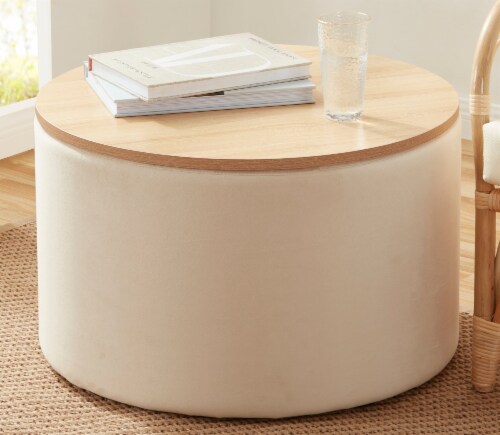 Parker Round Velvet Coffee Table Storage Ottoman Cream 24 L x 24 W x 15 H King Soopers