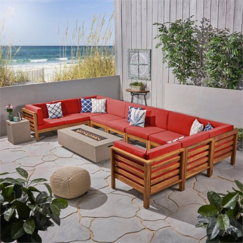 Oana 12pc U Shaped Sectional Sofa Set Cushion Teak with Red Light Gray 1 Fred Meyer