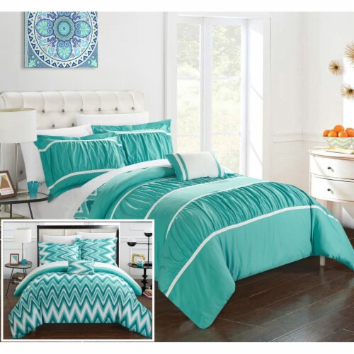 4 or 3 Piece Lucia Pleated Ruffled with Chevron REVERSIBLE Backing Comforter Set Turquoise Full Queen Foods Co