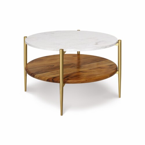 Simpli Home Wagner Round Coffee Table Acacia Wood Marble Top Antique Brass Frame Storage 0.5 top Fred Meyer