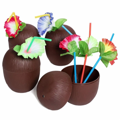 12 Pack 16 Ounce Plastic Coconut Cups with Straws Hawaiian Tropical Luau Party Supplies Pack Dillons Food Stores