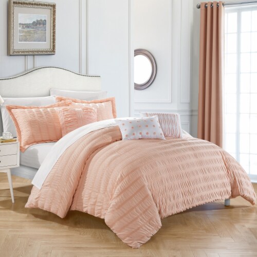 Daza 6 Or 5 Piece Comforter Set Striped Ruched Ruffled Bedding Coral