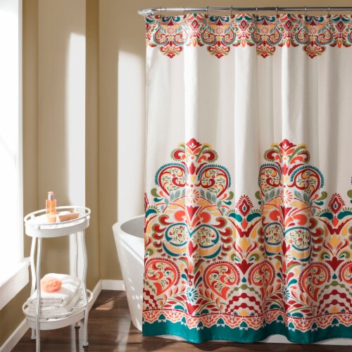 Red and turquoise shower curtain store