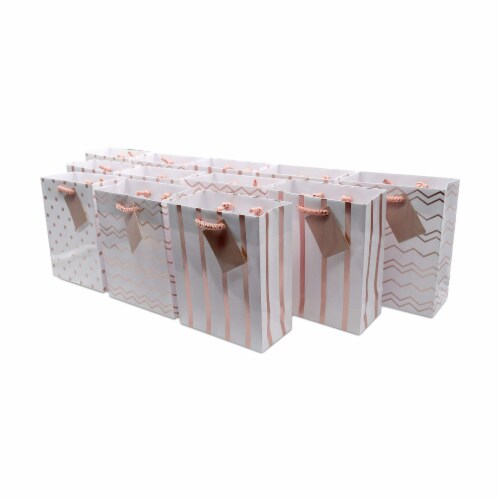 Medium Metallic Rose Gold Paper Gift Bags with Handles Chevron Polka Dot Stripe Patterns Inches QFC
