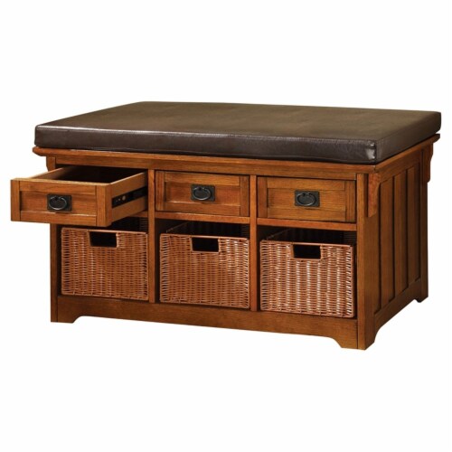 Furniture of America Clemens Wood Storage Bench with Baskets in Antique Oak 1 Ralphs