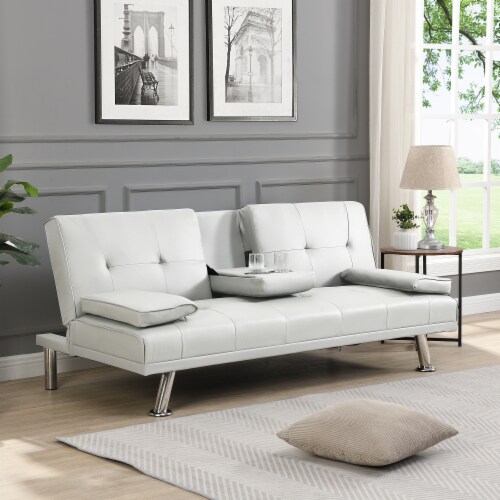 Simplie Fun Sofa Bed with Armrest two holders WOOD FRAME STAINLESS LEG FUTON WHITE PVC 1 count Gerbes Super Markets
