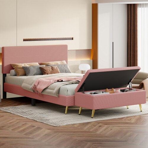 Simplie Fun Beige Corduroy Queen Bed and Ottoman Storage Set 1 count Fred Meyer