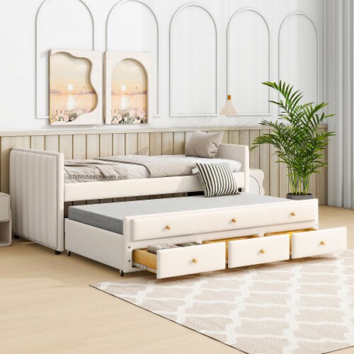 Simplie Fun Twin Size Upholstered Daybed with Twin Size Trundle and Drawers Velvet Beige 1 count Fry s Food Stores