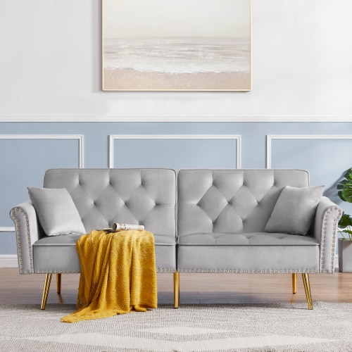 Grey tufted couch with nailhead trim store