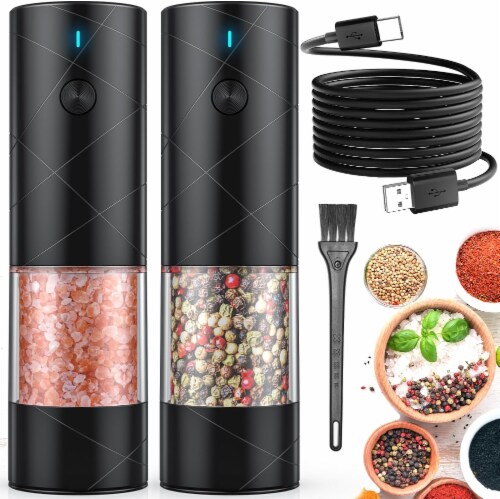 Electric Salt and Pepper Grinder Set of 2 USB Rechargeable with Warm LED Light Set of 2 Foods Co