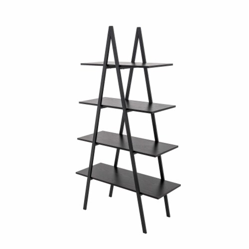 Glitzhome 4 Tier Metal Wooden Leaning Bookcases Ladder Shelves Black Oak Melamine 64.5 Inch Tall Foods Co