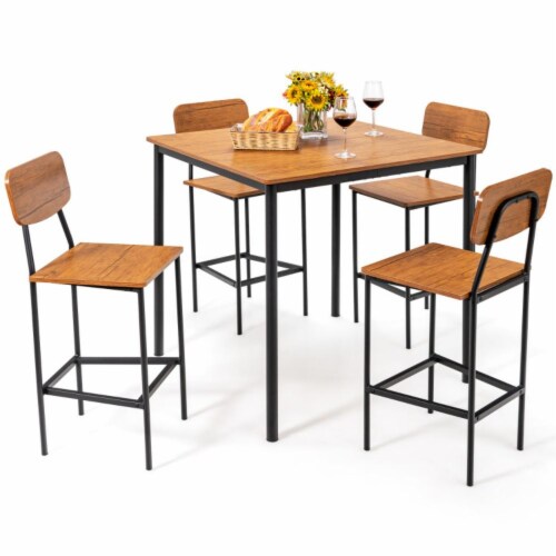 Hivvago 5 Piece Industrial Dining Table Set With Counter Height Table And 4 Bar Stools Walnut 1