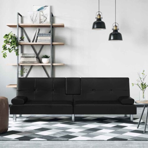 Black leather sofa bed with cup holder store