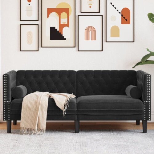 vidaXL Chesterfield Sofa with Bolsters 2 Seater Black Velvet 68.5 x29.3 x27.8 Gerbes Super Markets