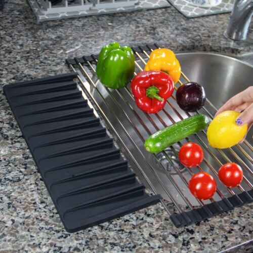 Grand Fusion Over Sink Roll Up Dish Drying Rack With Silicone Drip Tray