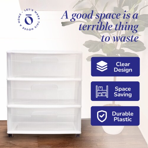 Homz Plastic 3 Clear Drawer Small Rolling Storage Container Tower