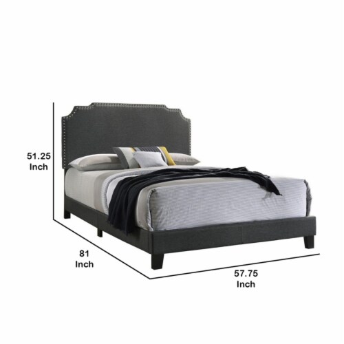 Fabric Upholstered Wooden Full Size Bed With Nailhead Trims Gray