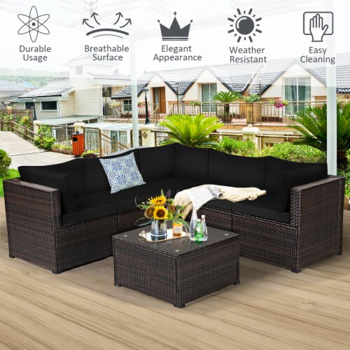 Costway 6PCS Patio Rattan Furniture Set Sectional Cushioned Sofa Deck Black 6PCS QFC