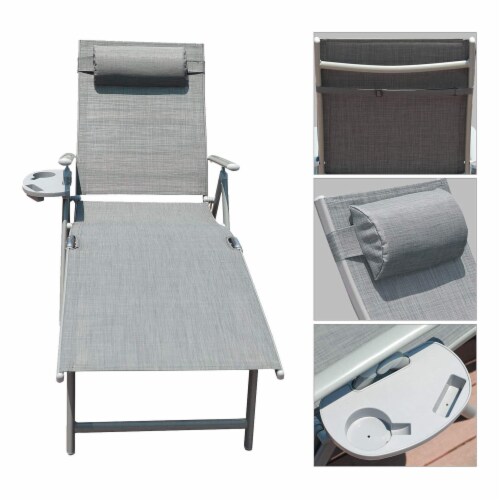 GOLDSUN Aluminum Outdoor Folding Reclining Lounge Chair with Cup Holder Grey 1 Piece Foods Co