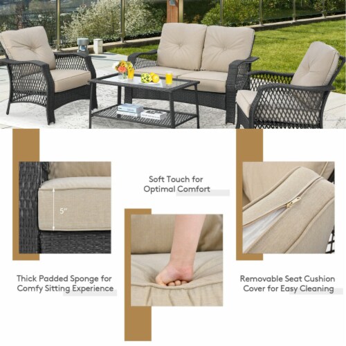 Gymax 4pcs Cushioned Patio Conversation Set Outdoor Rattan Furniture