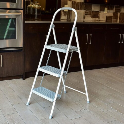 Rubbermaid 3 Step Folding Ladder Steel Foldable Step Stool w Hand Grip White 1 Piece Fred Meyer