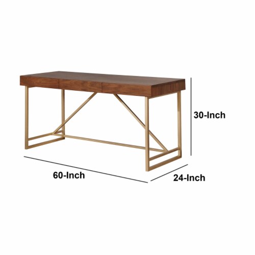 Modern Style Wooden Writing Desk With Unique Metal Legs Walnut Brown And Gold Saltoro Sher 60x24x30 Gerbes Super Markets