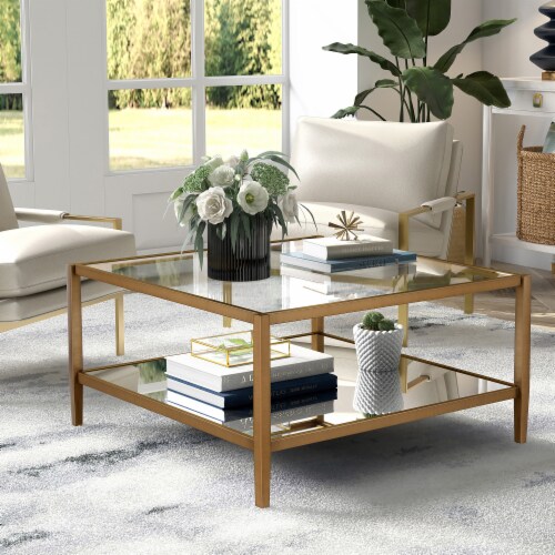 Hivvago 32 inch Gold Glass And Steel Square Coffee Table With Shelf 32 Inch Fry s Food Stores